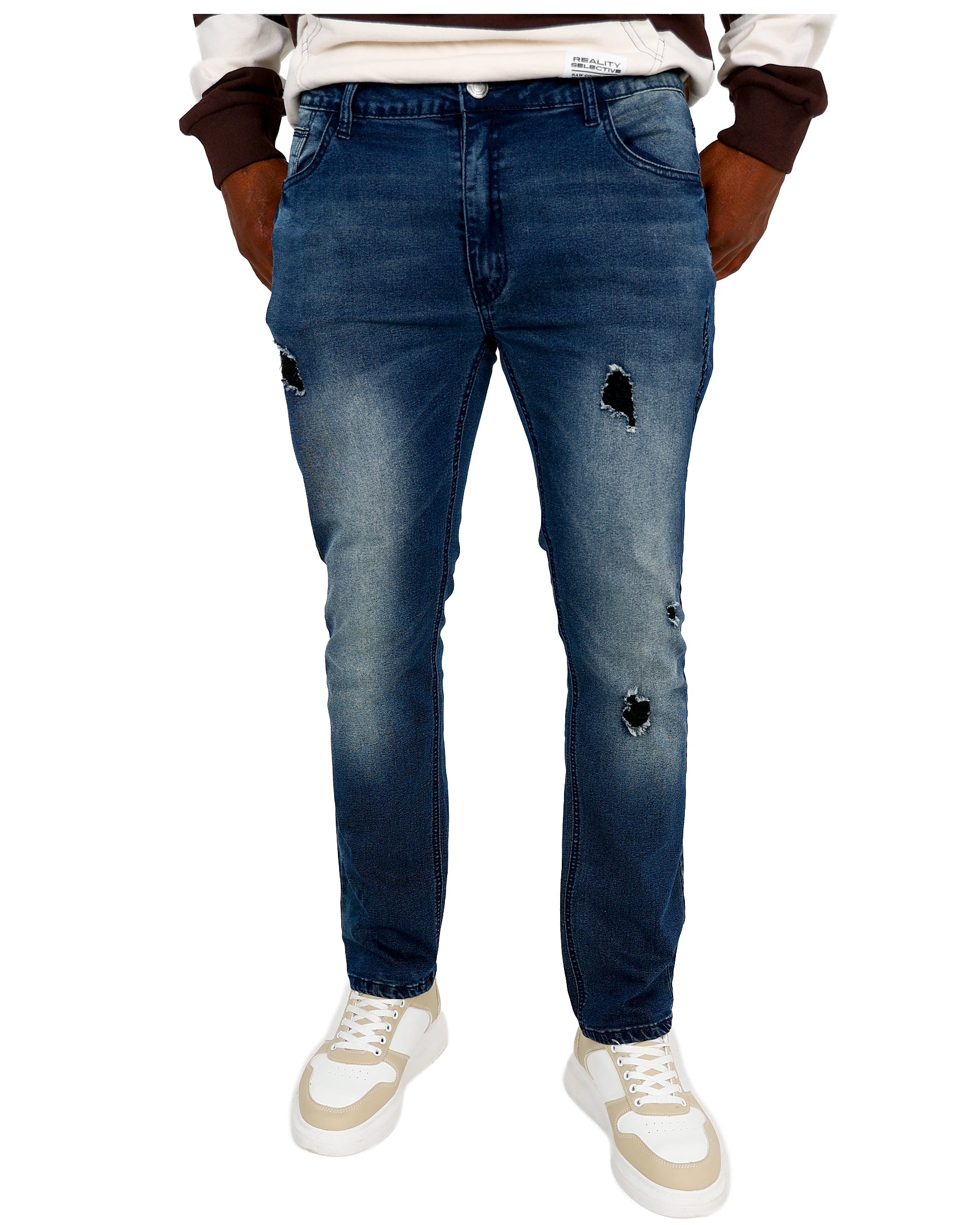 Blue-Black Skinny Rip & Repair Stretch Jeans