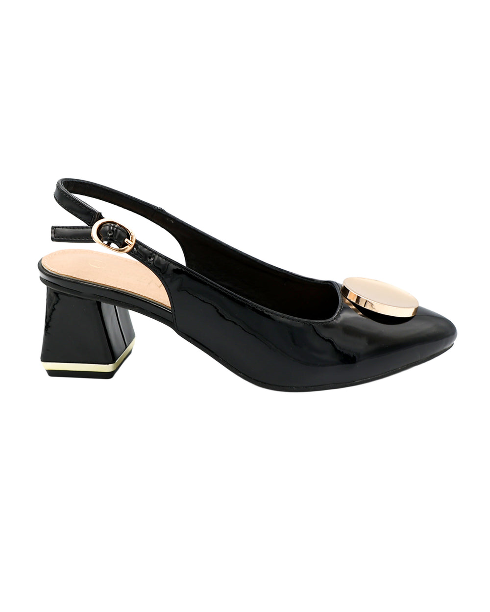 Black Disc Accent Slingback Block Heels