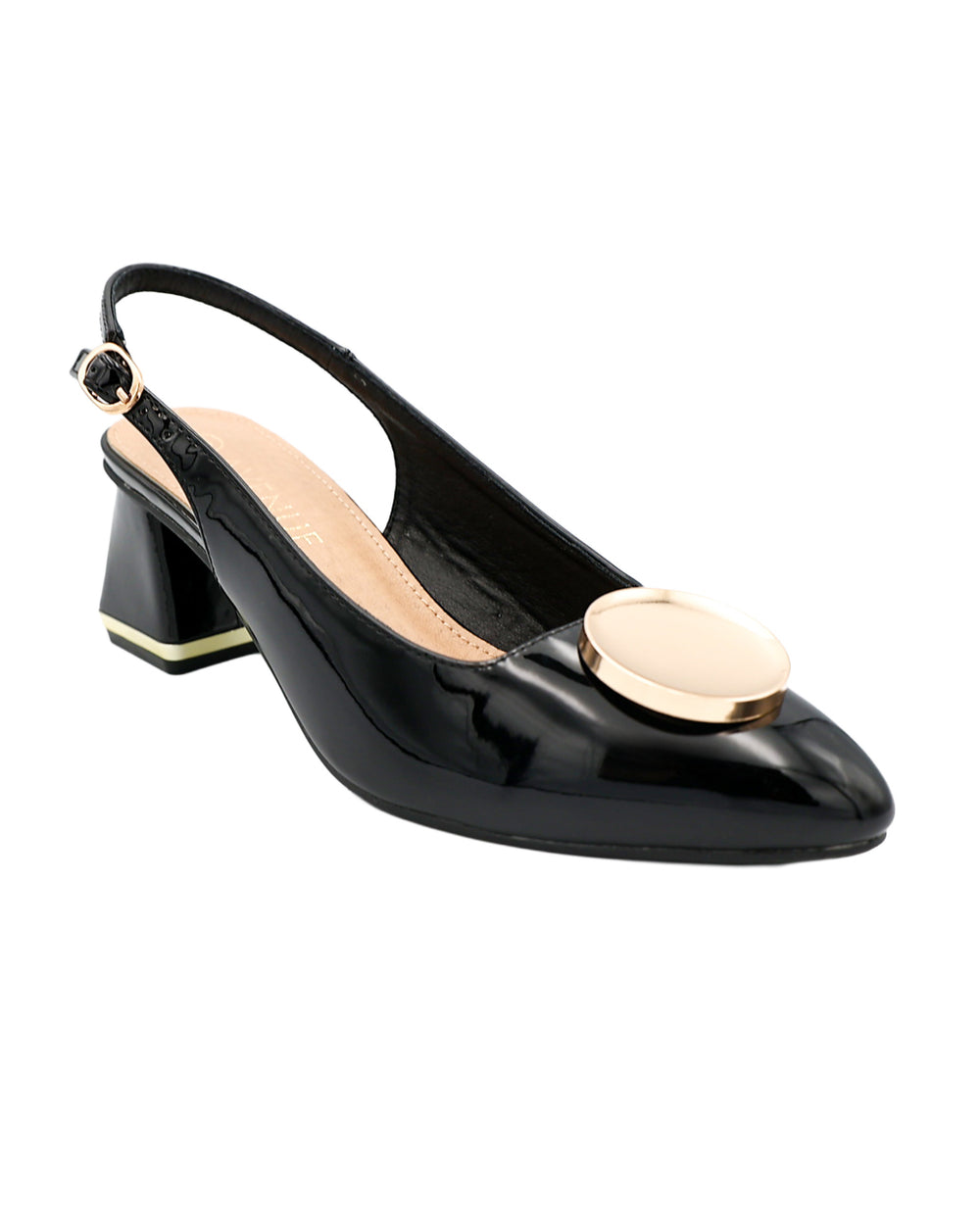 Black Disc Accent Slingback Block Heels